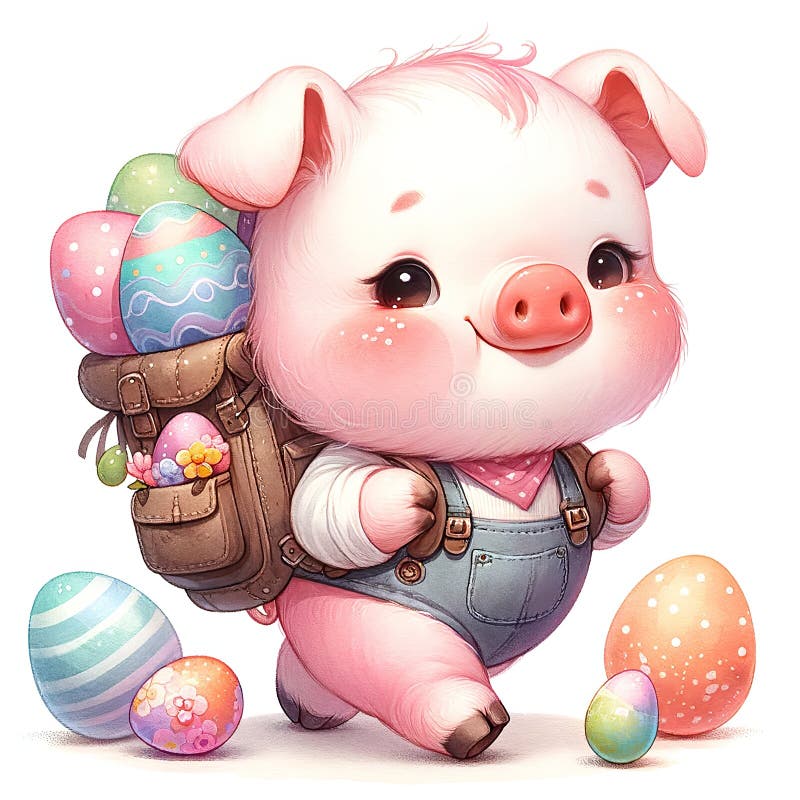Pig with a Backpack and Easter Eggs. Watercolor Illustrations on a ...