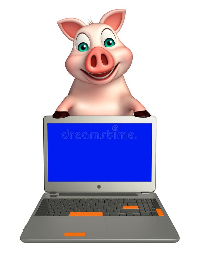 Pig Cartoon Character with Laptop Stock Illustration - Illustration of ...