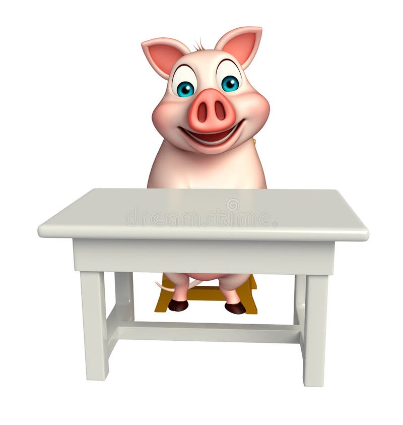 Pig Cartoon Character with Table and Chair Stock Illustration ...