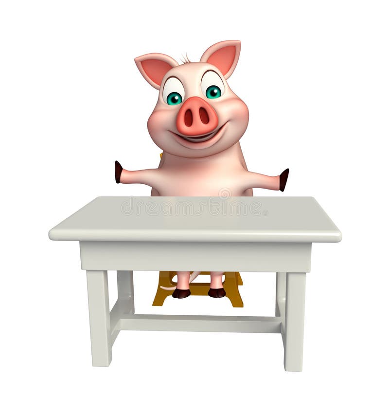 Pig Cartoon Character with Table and Chair Stock Illustration ...
