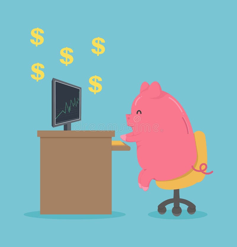 Pig Cartoon Character Works Computer Stock Vector - Illustration of ...