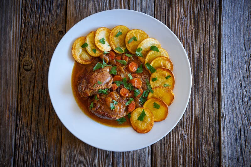 Iberico Pig Cheeks Pork Meat with Mangetout Sugar Snap Peas Stock Image ...