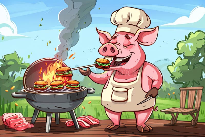 A Pig Chef is Grilling Food on a Barbecue Stock Illustration ...