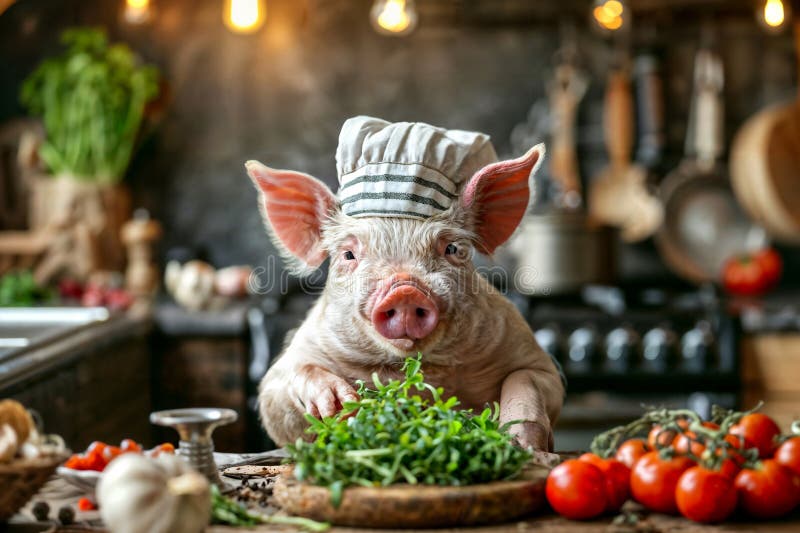 Pig Chef in Kitchen with Vegetables Stock Illustration - Illustration ...