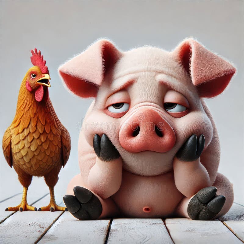 Pig and Chicken in a Comical Situation. Stock Image - Image of animated ...