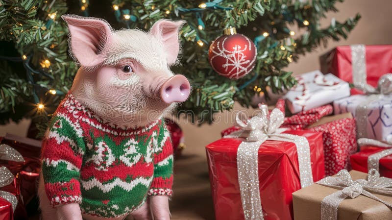 Pig in a Christmas Sweater stock image. Image of lights - 336552811