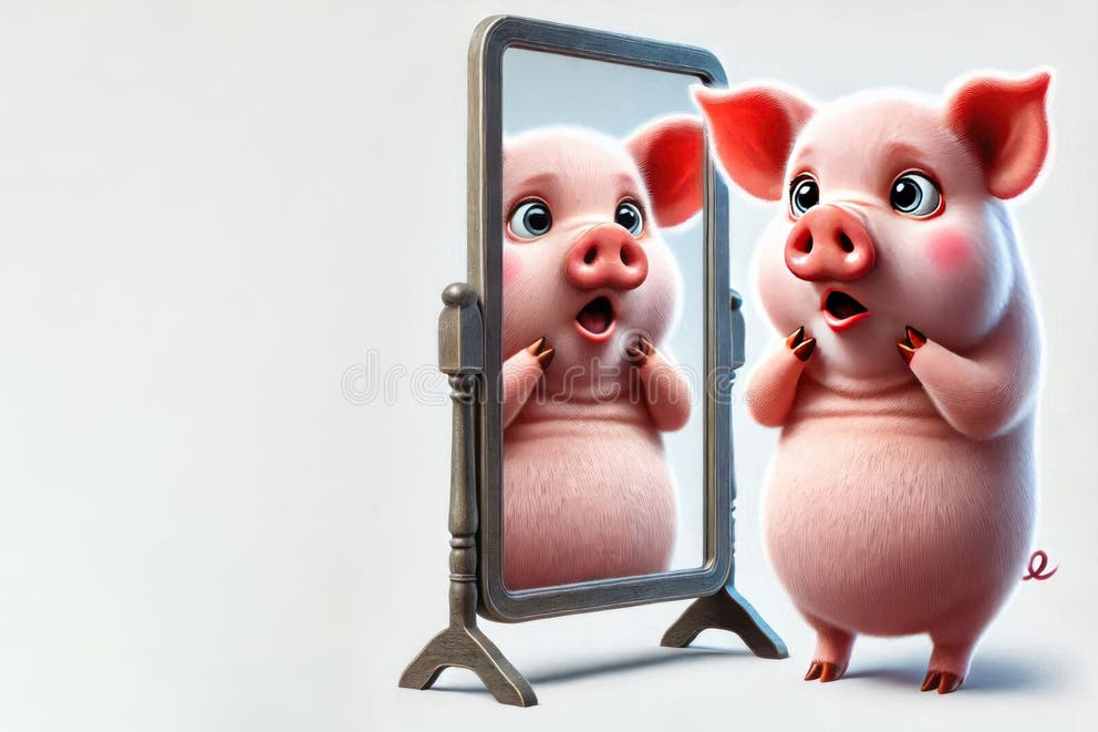 The Pig is Delighted To Look at Her Reflection in the Mirror. Space for ...