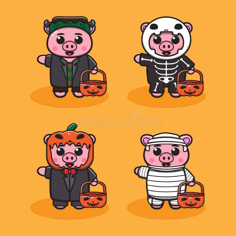 Cute Pig Halloween Cartoon Set. Stock Vector - Illustration of ...