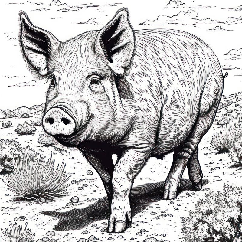 Pig Drawing Coloring Book Page Stock Illustration - Illustration of ...