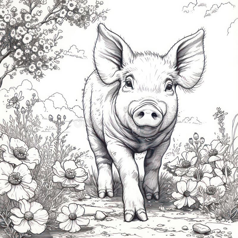 Pig Drawing Coloring Book Page Stock Illustration - Illustration of ...