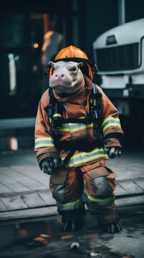 A Pig Dressed As a Firefighter Standing on a Street. Generative AI ...