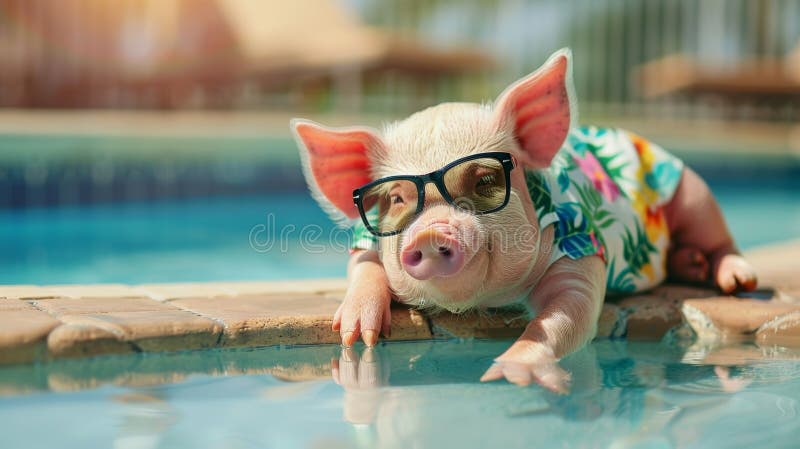 Pig Dressed in a Hawaiian Shirt Relaxing by the Side of a Sunny Pool ...