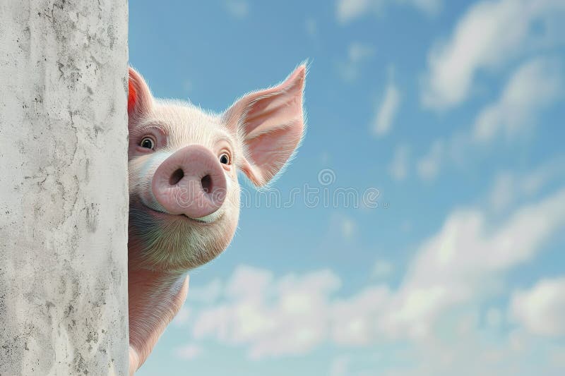 A Pig Emerges from Behind the Wall a Corner with a Blue Sky Background ...