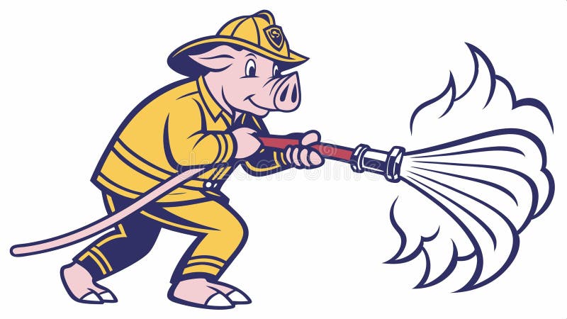 Pig Firefighter Directing Water Hose Powerfully Vector Design ...