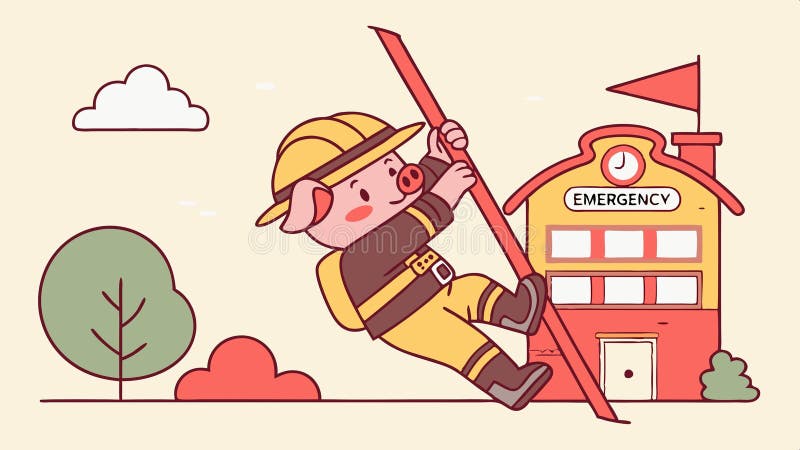 Pig Firefighter Rappelling Down Building for Rescue Vector Design ...