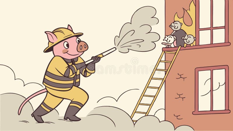 Pig Firefighter Spraying Water from Ladder on Fire Vector Design ...