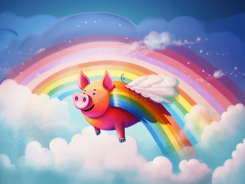 A Pig Flying Over a Rainbow in the Sky. AI Generative Image. Stock ...