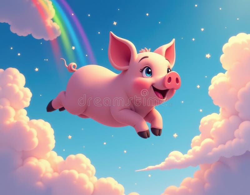 Pig Flying through the Sky with Rainbow Stock Illustration - Illustration of clouds, innocence ...
