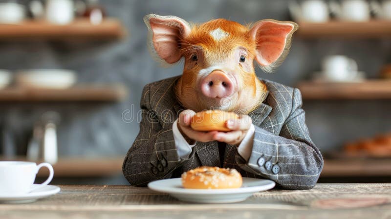 Pig in Formal Business Attire Dining at an Elegantly Set Table in a ...