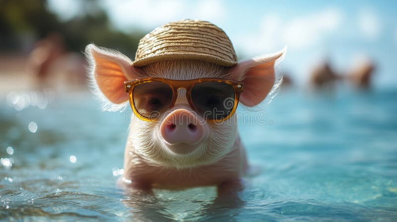 A Pig with Hat and Sunglasses Surfing in the Blue Clear Water Stock ...