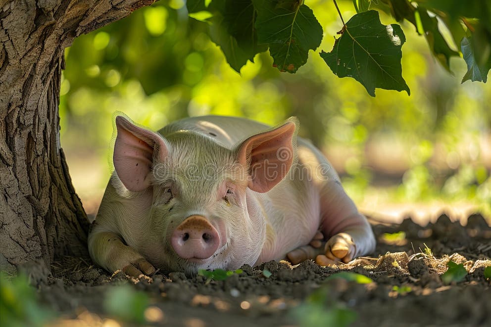 A Pig is Hiding Under a Tree in the Shade Stock Photo - Image of swine ...
