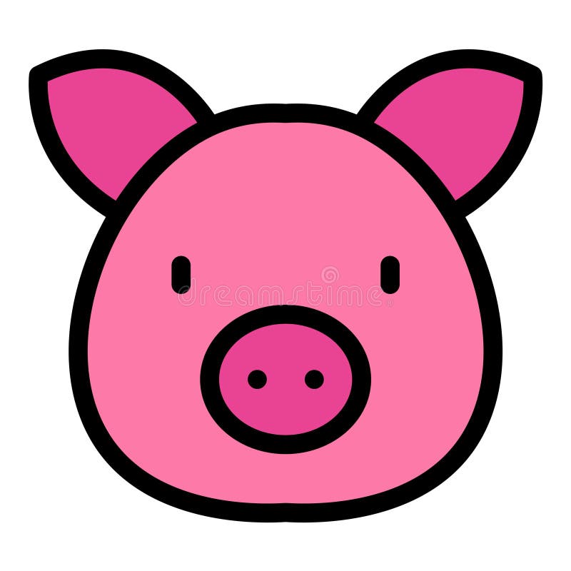 Pig Icon a Flat Line Color Style Illustration of a Cute Pig with Rounded Features, a Curly Tail ...
