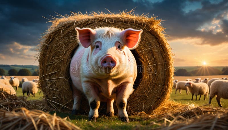 A Pig with Its Head in the Straw on Top of a Field Stock Illustration ...