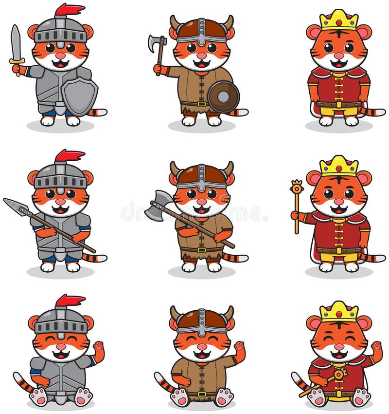 Vector Illustrations of Tiger Characters in Various Medieval Outfits ...