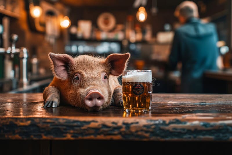 A Pig Laying on a Bar with a Glass of Beer Stock Image - Image of stool ...