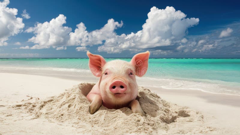 A Pig is Laying in the Sand on a Beach, AI Stock Photo - Image of pink ...