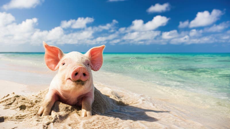 A Pig Laying in the Sand on a Beach with Water, AI Stock Image - Image ...