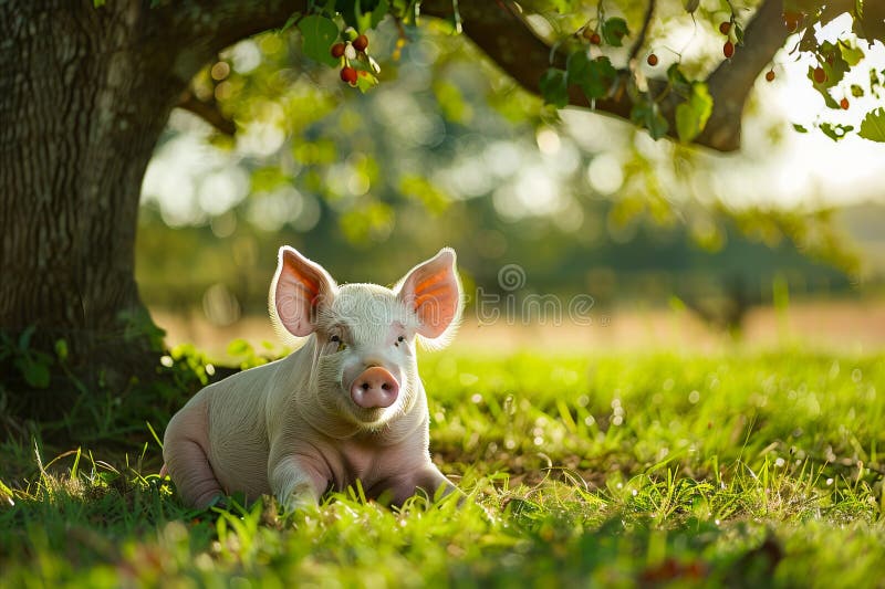 A Pig is Laying Under a Tree in the Grass Stock Image - Image of snout ...