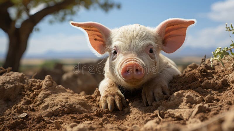 A Pig Lying in the Dirt Under a Tree. Generative AI. Stock Illustration ...