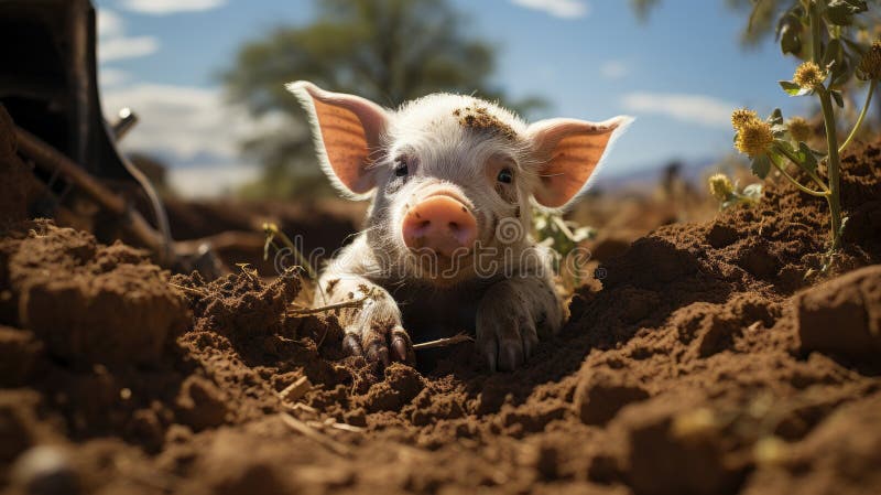 A Pig Lying in the Dirt Under a Tree. Generative AI. Stock Illustration ...