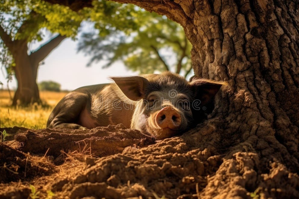 A Pig Lying in the Dirt Under a Tree Stock Illustration - Illustration ...