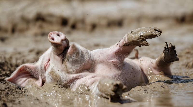 A Pig is Lying on Its Back in the Mud Stock Illustration - Illustration ...
