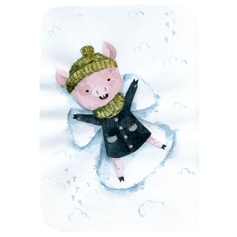 Funny Happy Pig in a Jacket and Hat, in the Snow Makes Snow Angel Stock ...