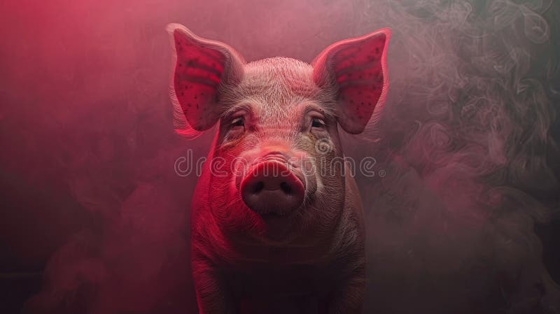 Pig in a Misty Environment with Red Lighting Stock Photo - Image of ...