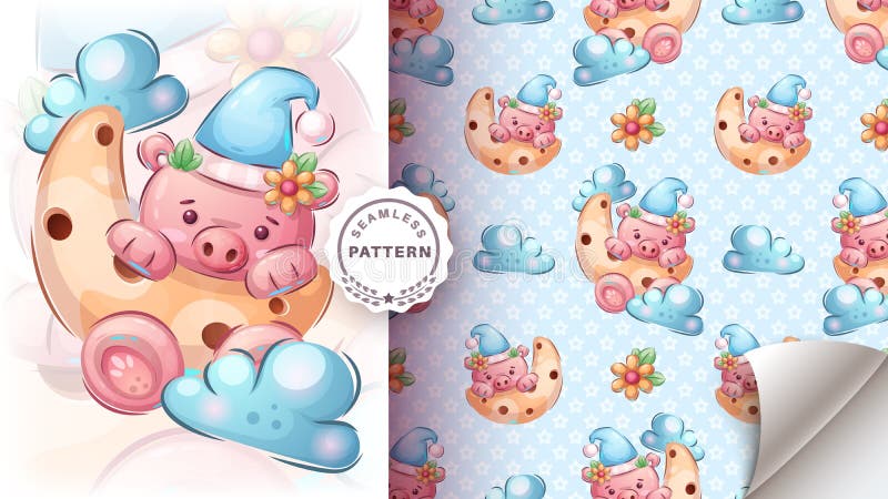 Pig in the Moon - Seamless Pattern Stock Vector - Illustration of ...