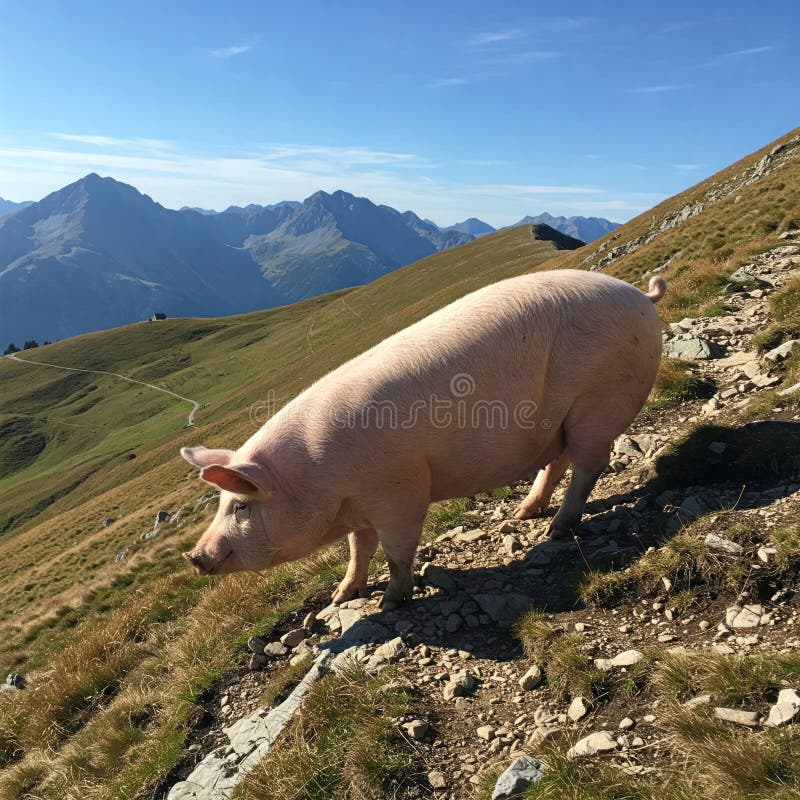 Pig on a Mountain Trail Overlooking the Valley. Stock Photo - Image of ...
