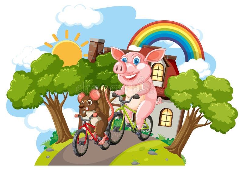 Pig and mouse riding bikes stock vector. Illustration of path - 347271966