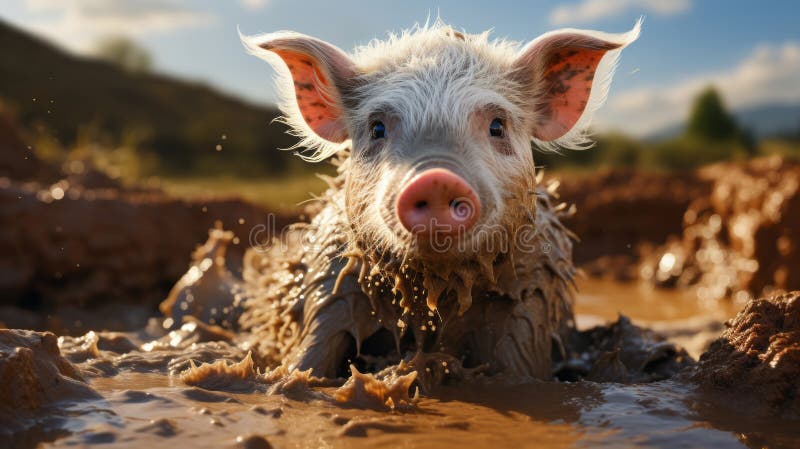 A Pig in a Mud Puddle Close-up. Generative AI. Stock Illustration ...