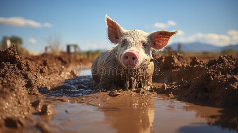 A Pig in a Mud Puddle Close-up. Generative AI. Stock Illustration ...
