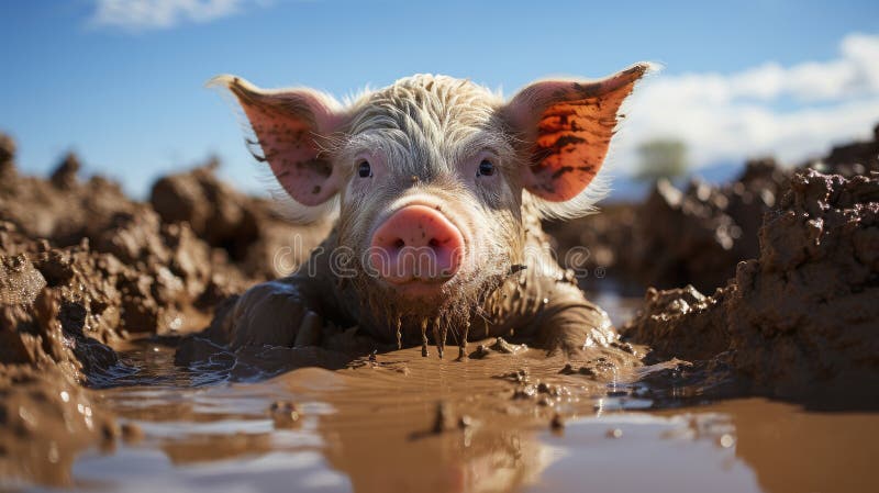 A Pig in a Mud Puddle Close-up. Generative AI. Stock Illustration ...
