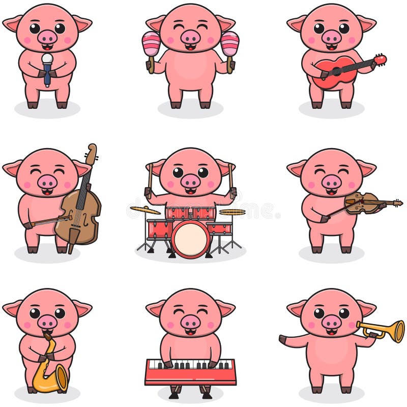 Vector Illustration of Cute Pig Playing Music Instruments. Stock Vector ...