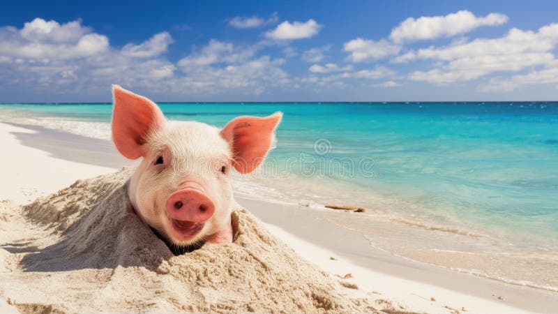 A Pig Peeking Out of the Sand on a Beach, AI Stock Photo - Image of ...