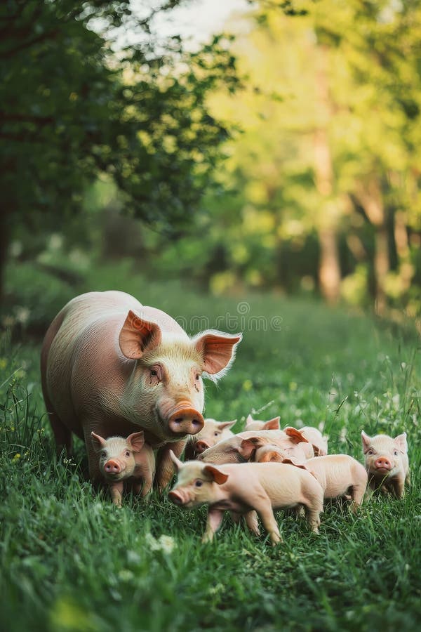 Pig with Piglets on Green Grass. Selective Focus Stock Photo - Image of ...