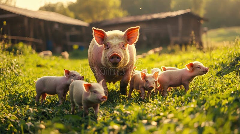 Pig with Piglets on Green Grass. Selective Focus Stock Photo - Image of ...