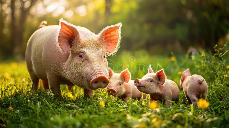Pig with Piglets on Green Grass. Selective Focus Stock Photo - Image of ...