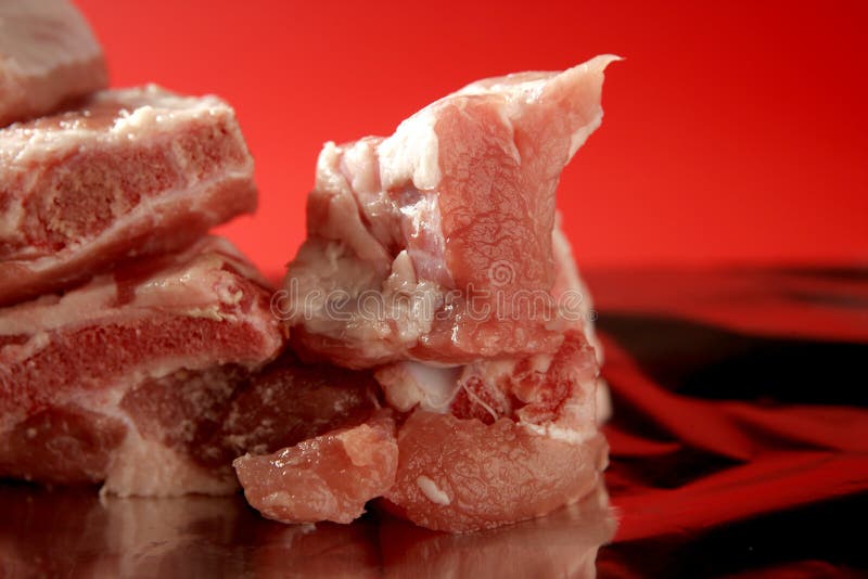 Pig, Pork Raw Meat Pieces Over Red Stock Photo - Image of meat, dinner ...